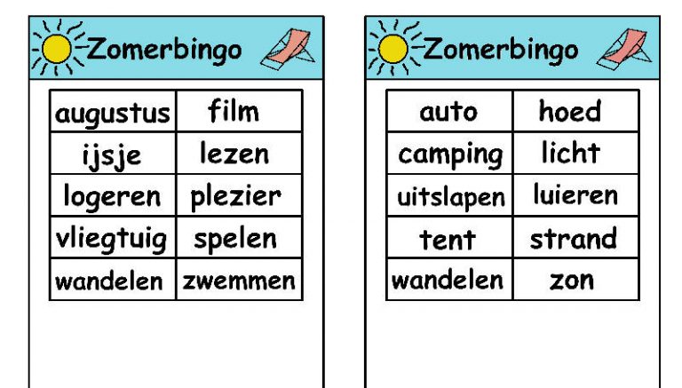 Zomerbingo. Een bingo met woordjes. - vanjufmarjan.nl